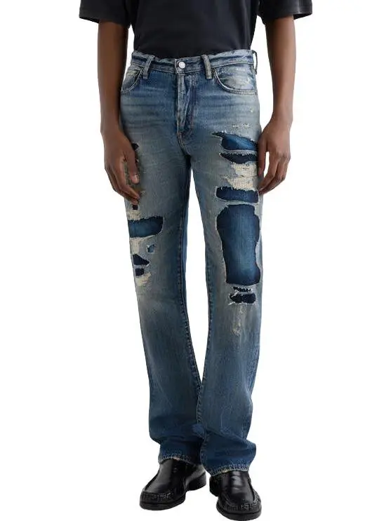 Acne Studios 1996m Distressed Patched Straight Leg Jeans - Mid Blue
