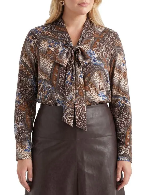 Karen Kane Bow Split Neck Long Sleeve Top - Print