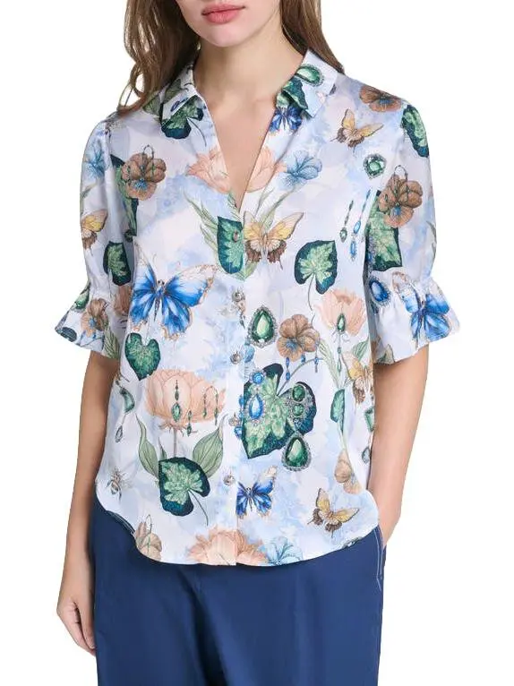 Karl Lagerfeld Paris Short Sleeve Ruffle Cuff Shirt - Soft White Multi