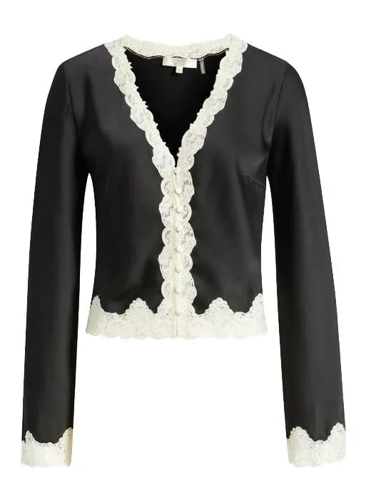 LoveShackFancy Fioretta Lace Trim V-neck Top - Black