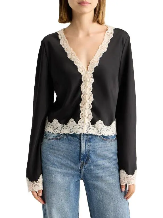 LoveShackFancy Fioretta Lace Trim V-neck Top - Black