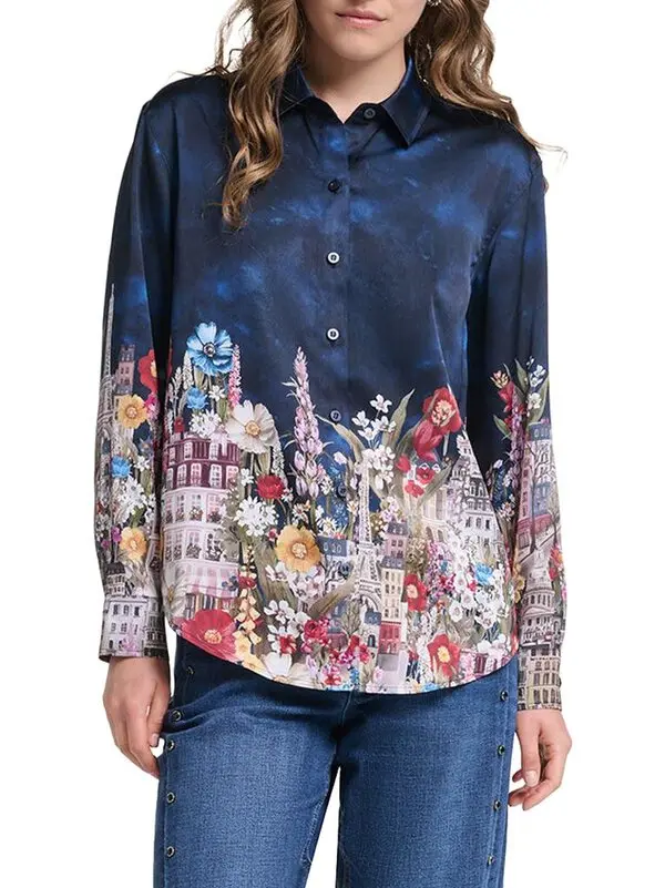 Karl Lagerfeld Paris Eiffel Tower Print Satin Button-up Shirt - Naval Academy Multi