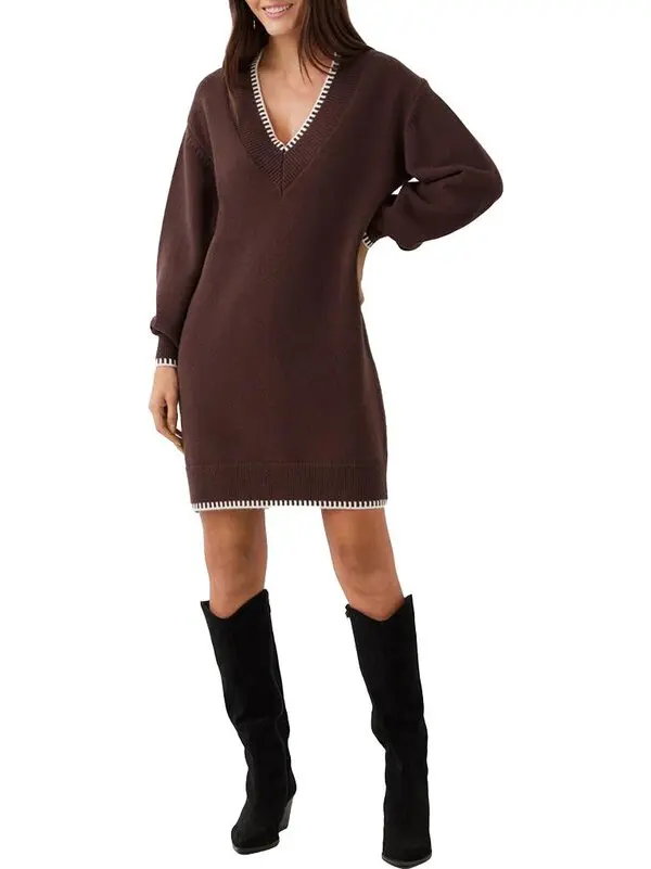 Karen Kane Varsity V-neck Sweater Minidress - Chocolate
