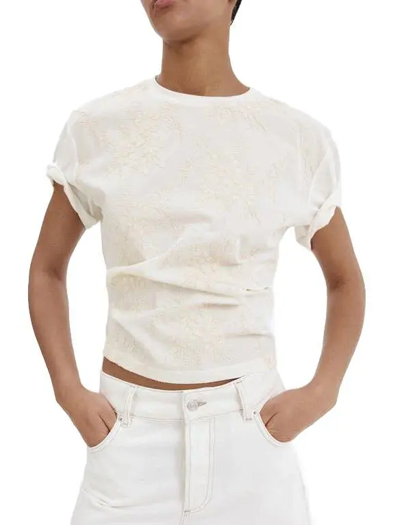 Mango Floral Embroidered Cotton T-shirt - Ecru