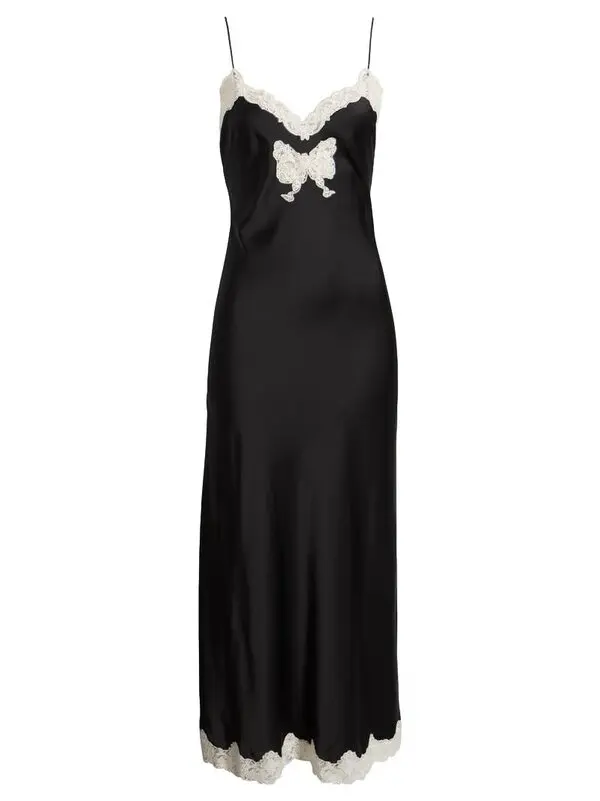 LoveShackFancy Lomira Satin & Lace Cocktail Midi Slipdress - Black