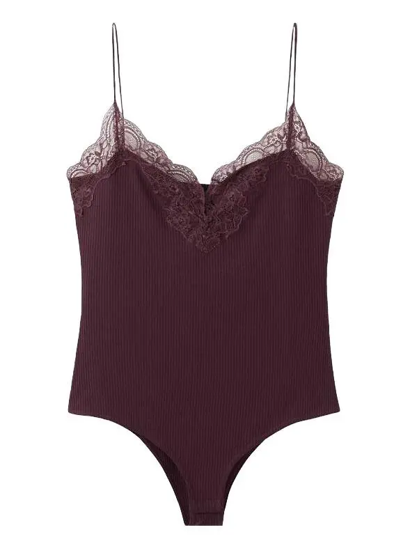 Mango Lace Rib Camisole Bodysuit - Plum