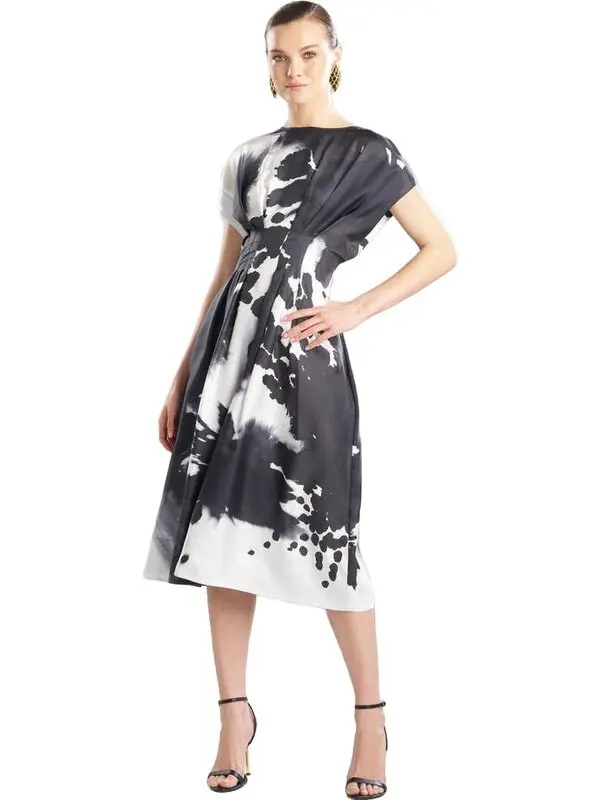 Natori Black Orchid Fit & Flare Pleated Dress - Black/white