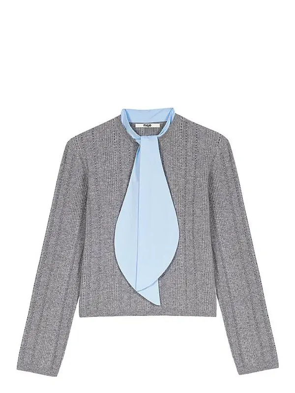 Maje Ribbed Wool-blend Jumper With Detachable Cotton Collar - Grey