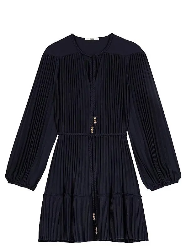 Maje Pleated Blouson-sleeve Woven Mini Dress - Navy