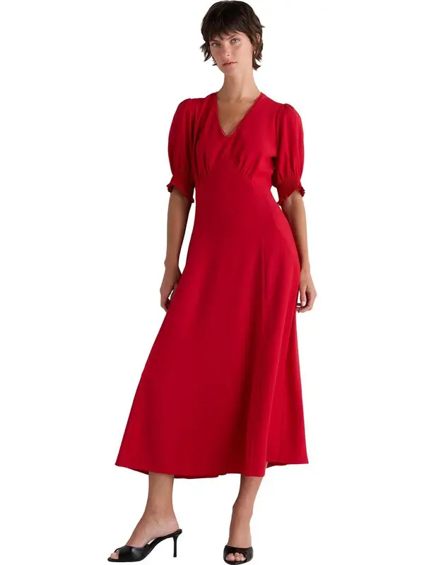 Quince Matte Crepe Puff Sleeve Midi Dress - Ruby Red