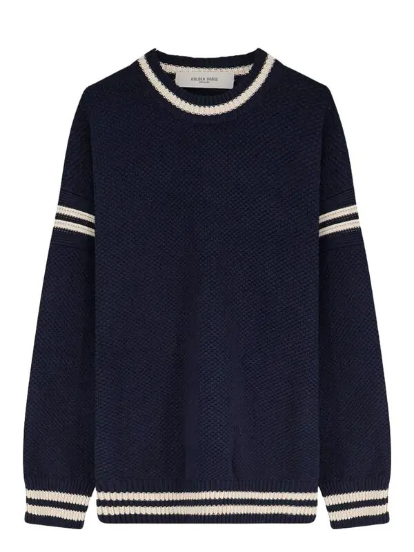 GOLDEN GOOSE Crew-neck Waffle-knit Sweater With Striped Trim - Blu