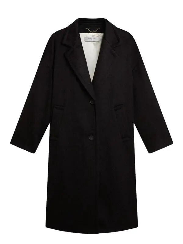 GOLDEN GOOSE Single-breasted Cocoon Coat With Double Star Back, Two Front Pockets & Black Button Closure, Size - Nero