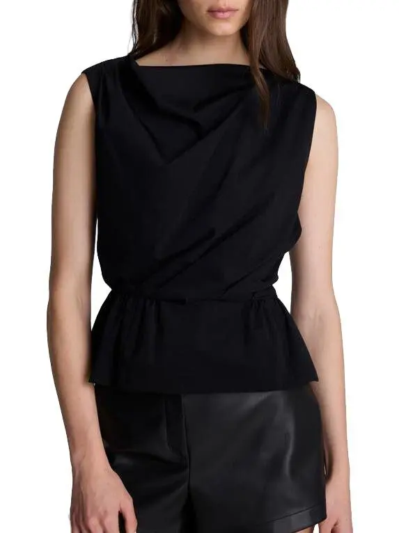KENNETH COLE Pleated Cowl Neck Peplum Top - Black