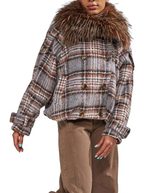 AZALEA WANG Linnea Plaid Bomber Jacket With Faux Fur Trim - Grey Multi