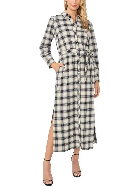 Vince Camuto Plaid Belted Midi Shirt Dress - Rich Black