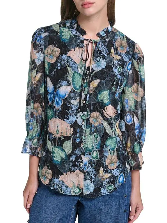 Karl Lagerfeld Paris Ruffle Collar Printed Shirt - Black/multi