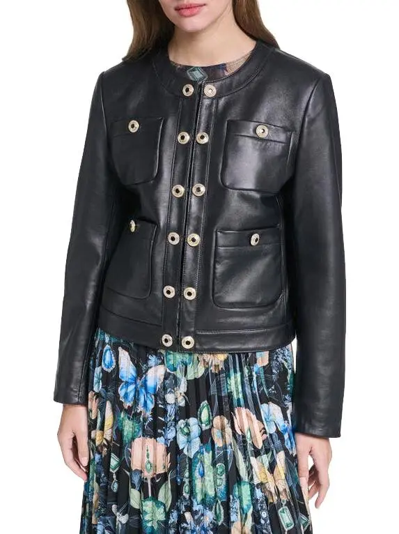 Karl Lagerfeld Paris Collarless Leather Jacket - Black