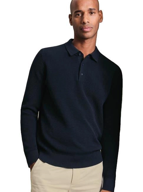 CHARLES TYRWHITT Knit Texture Long Sleeve Cotton Polo - Navy