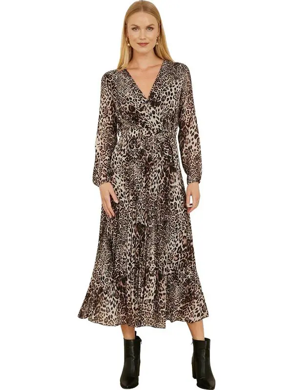 YUMI Print Long Sleeve Midi Dress - Leopard