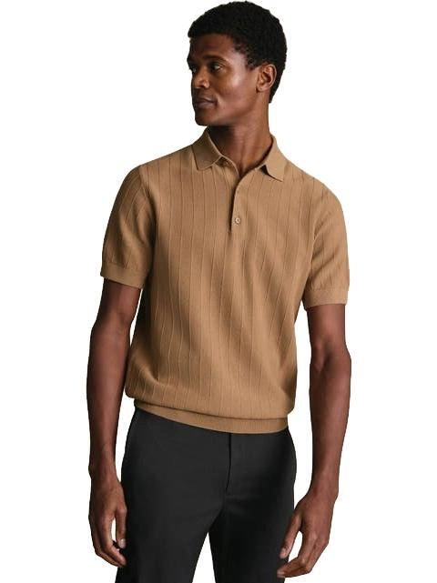 CHARLES TYRWHITT Stripe Texture Short Sleeve Knitted Cotton Polo - Camel