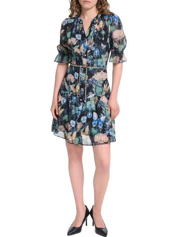 Karl Lagerfeld Paris Metallic Crinkled Ruffled Dress - Black Multi