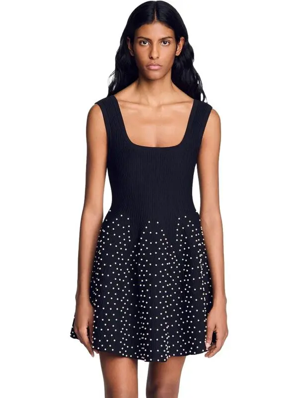 Sandro Short Knit Dress With Beads - Black
