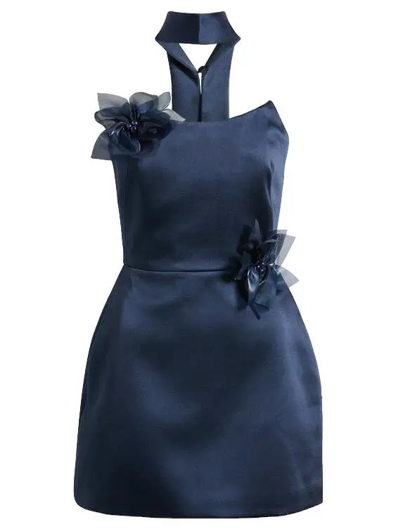 NADINE MERABI Lori Floral Appliqué Satin Cocktail Minidress - Navy