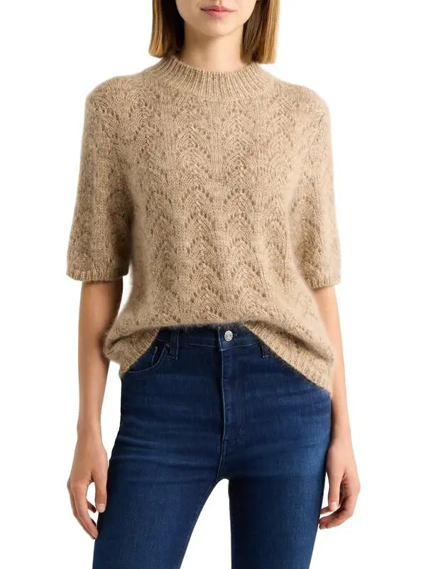 FRAME Lurex Cashmere Blend Pointelle Mock Neck Sweater - Oatmeal