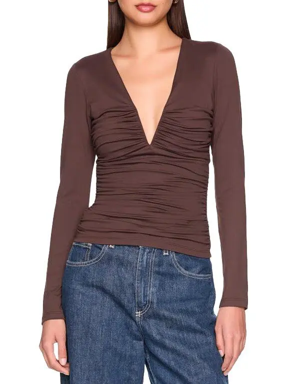 Susana Monaco Ruched Plunge V-neck Long Sleeve Top - Java
