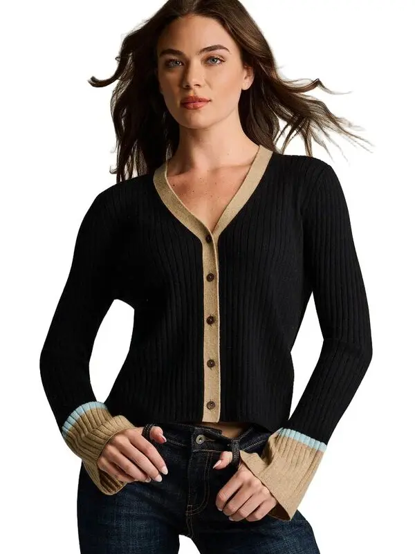 Lisa Todd Cotton Cashmere Ribbed V-neck Cardigan With Contrast Details - Black