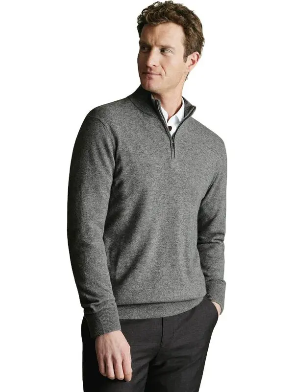 CHARLES TYRWHITT Pure Cashmere Zip Neck Sweater - Grey
