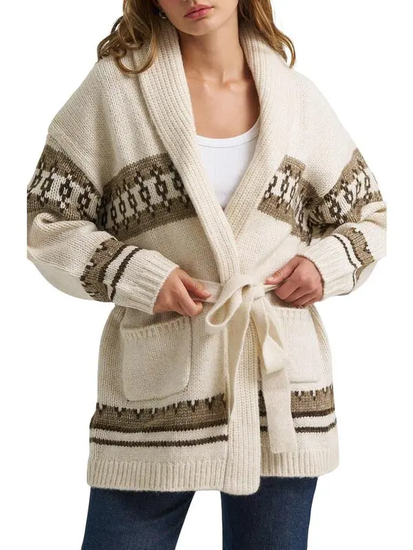 LEEM Patterned Belted Shawl Collar Cardigan - Ivory
