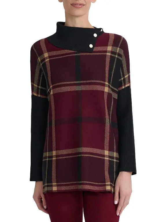 Jones New York Split-neck Plaid Poncho Sweater - Classic Wine Multi
