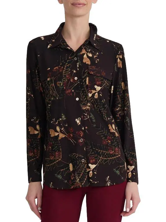 Jones New York Printed Botanical Long Sleeve Shirt - Coffee Bean Multi