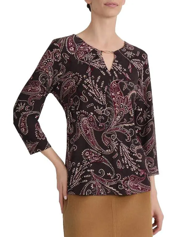 Jones New York Keyhole Three-quarter Sleeve Crepe Top - Coffee Bean Multi