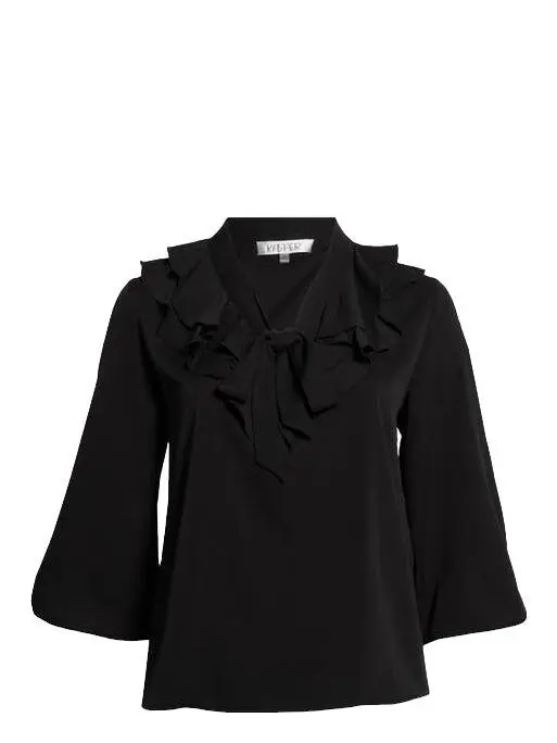 KASPER Ruffled Tie-front Long Sleeve Blouse - Black