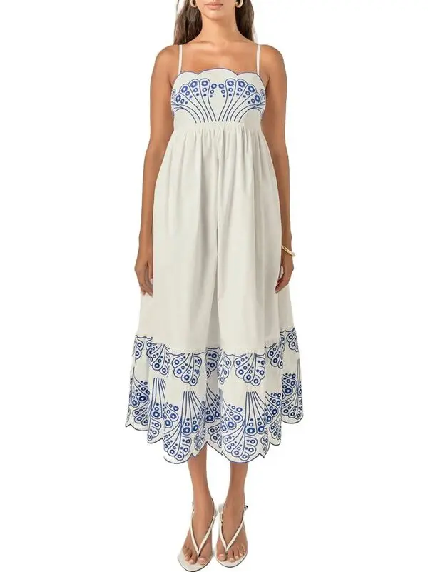 English Factory Embroidered Midi Dress - White/blue