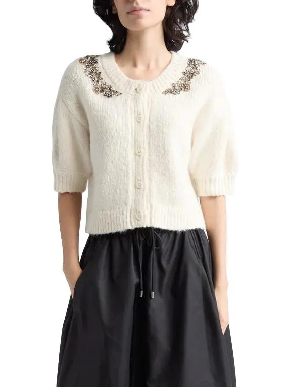 Cinq À Sept Millicent Crystal Embellished Wool Blend Cardigan - Ivory