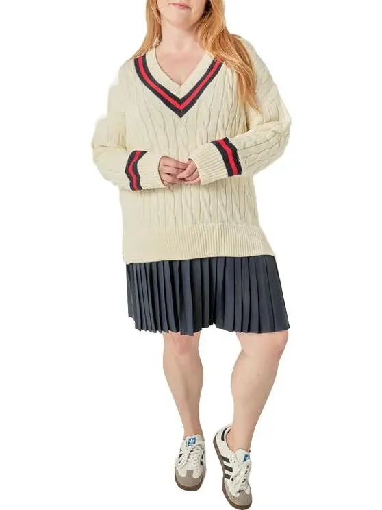 English Factory Cable Knit Pleated Sweater Dress - Ivory Multi