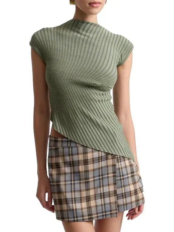 Avec Les Filles Radial Rib Asymmetric Mock Neck Top - Olive Multi
