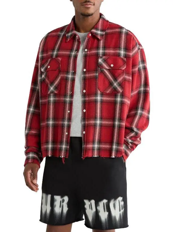 PURPLE BRAND Cropped Raw Edge Flannel Shirt - White Multi