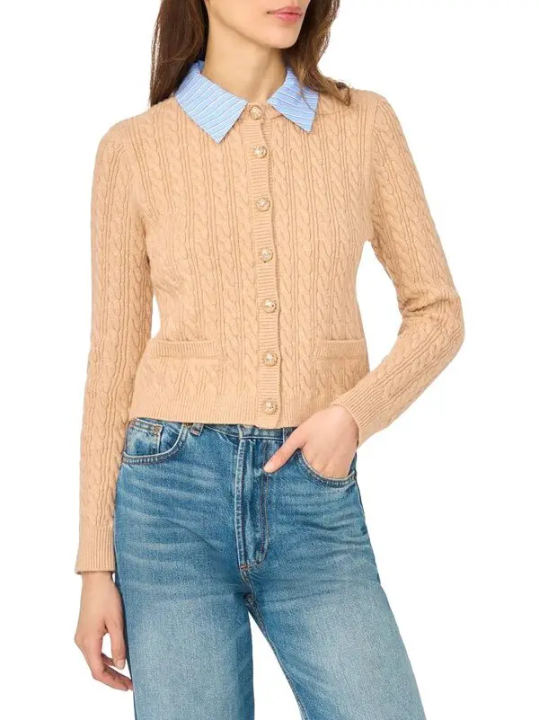CECE DUPRAZ Cable Knit Cardigan With Contrasting Collar - Mellow Sand
