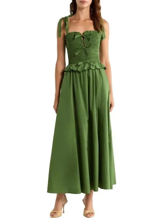 SUGARLIPS Neve Ruffle Smocked Maxi Dress - Olive