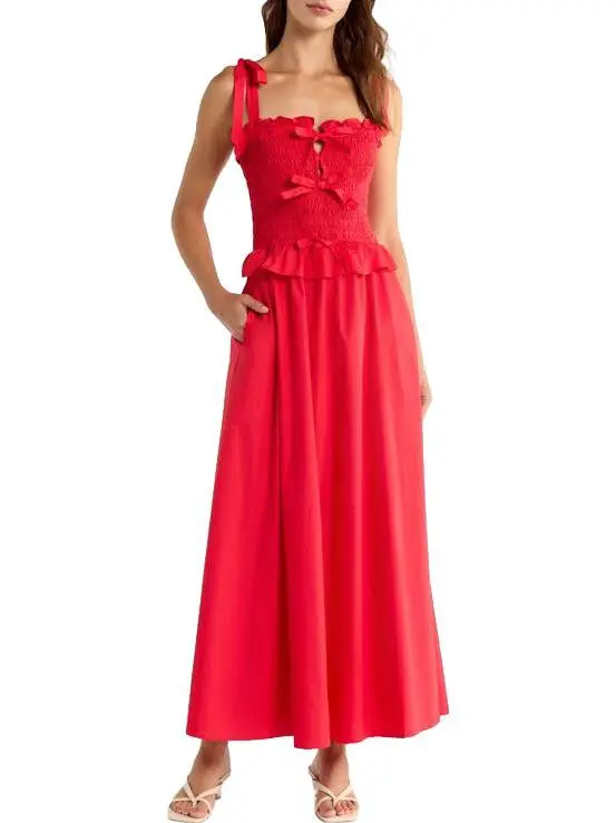 SUGARLIPS Neve Ruffle Smocked Maxi Dress - Red