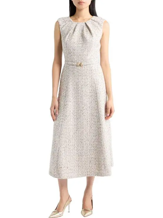 Anne Klein Fit & Flare Tweed Midi Dress - Light Macadamia Multi