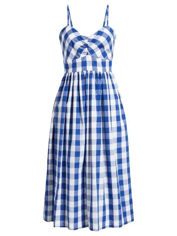 LAYERED WITH LOVE Gingham Shirred V-neck Midi Dress - Blue/white