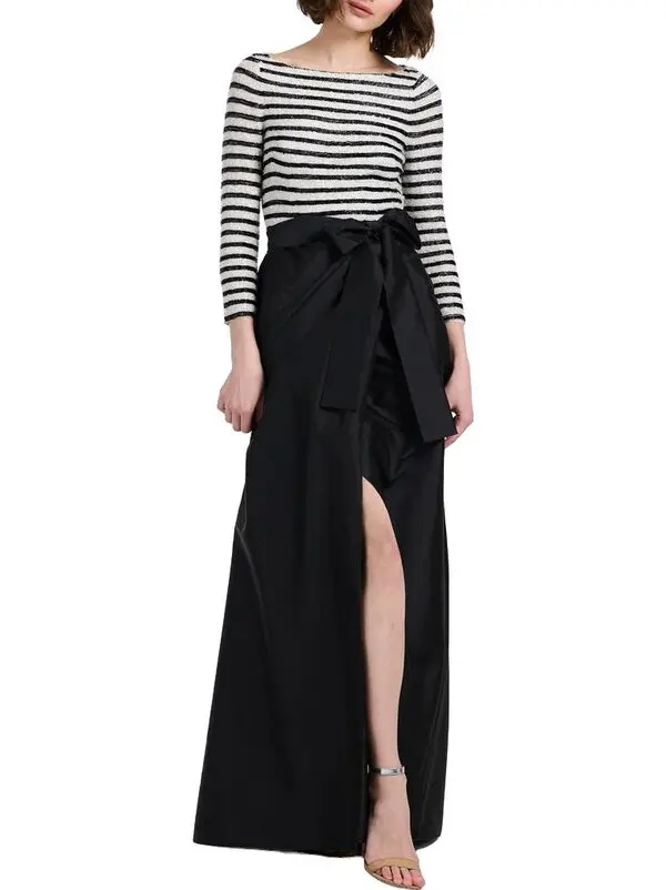 EMILY SHALANT Beaded Stripe Mixed Media Taffeta Gown - Black