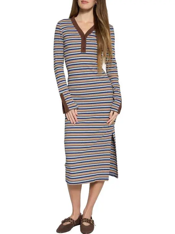 LOST + WANDER Dreamy Edit Stripe Long Sleeve Cotton Blend Midi Dress - Blue-brown-multi