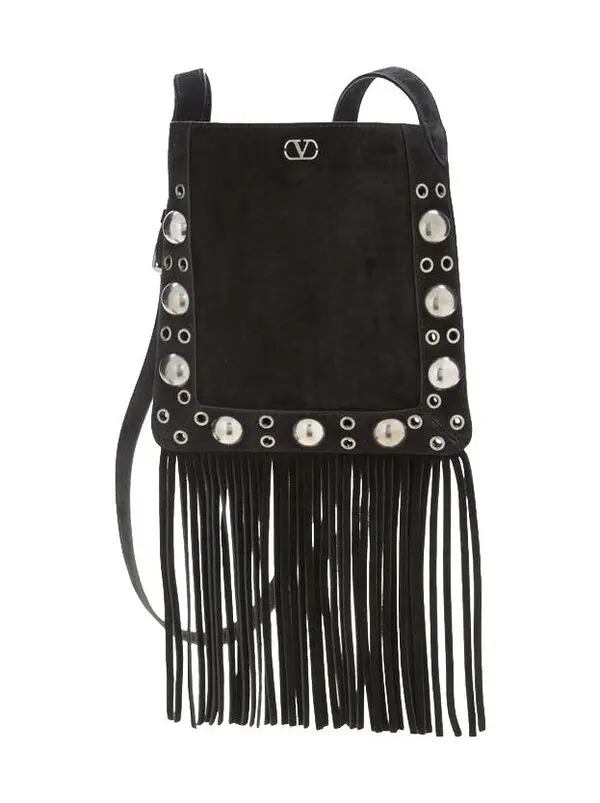 Valentino Garavani Small Nellcôte Fringe Stud Suede Crossbody Bag - Black