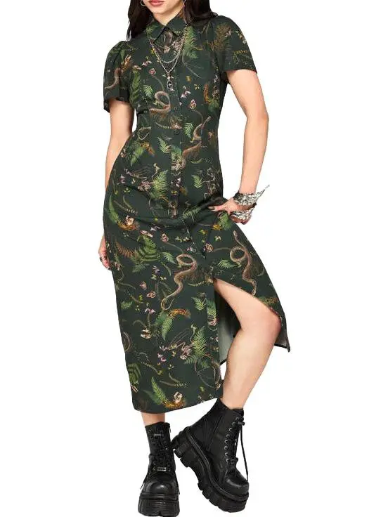 DISTURBIA Noctaris Print Fitted Midi Shirt Dress - Black